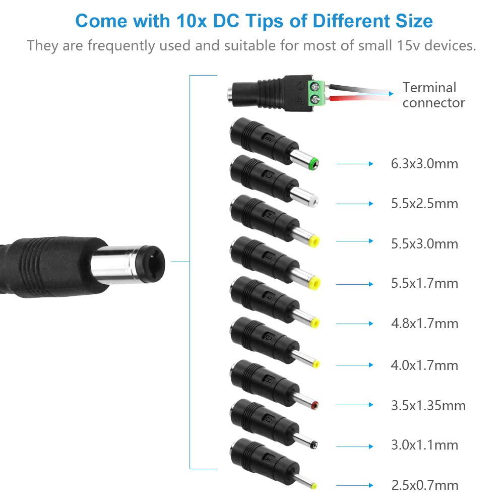 SHNITPWR 15V DC Power Supply 15V 2A 30W AC Adapter 15 Volt DC Power Cord AC 100~240V to DC 15Volt 2amp Power Adapter Charger with 10 Tips 5.5x2.5mm 5.5x2.1mm 5.5x3.0mm 3.5x1.35mm 4.8x1.7mm