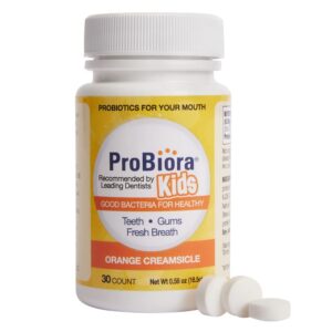 probiora kids oral-care chewable probiotic tablets | probiotic supplement designed specifically for kids | healthier teeth & gums | fresher breath | whiter teeth (30 count, orange)