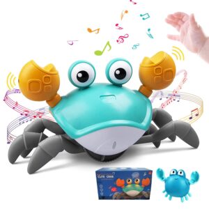 fundisinn crawling crab baby toy with music and light, tummy time walking crab with sensor obstacle avoidance, usb rechargeable, fun moving toy for babies, toddlers and kids(green)