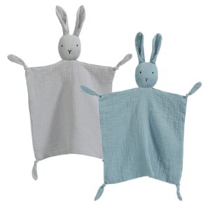 insular bunny lovey blanket for boys and girls, organic cotton muslin security blanket for babies, soft breathable lovie soothing towel for newborn and infant, 2 pcs set (blue&grey)