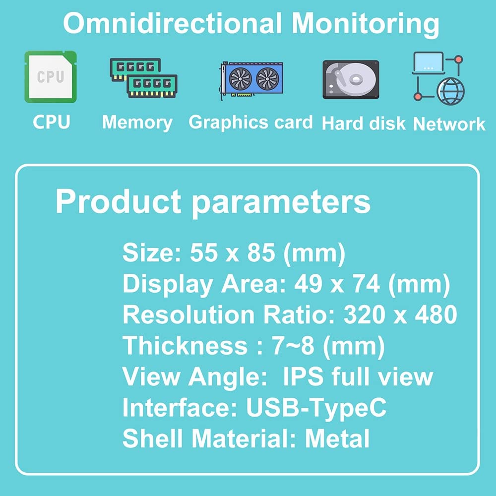 EDIY 3.5 inch IPS USB Mini Screen AIDA64 PC CPU RAM HDD Data Monitor Computer Temperature Display Type-C Sub Screen