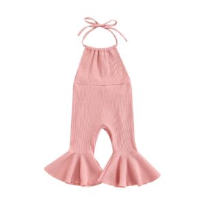 yokjzjd infant toddler baby girl ribbed romper sleeveless jumpsuit overalls bell bottom pants leggings summer outfits (a-pink, 12-18 months)