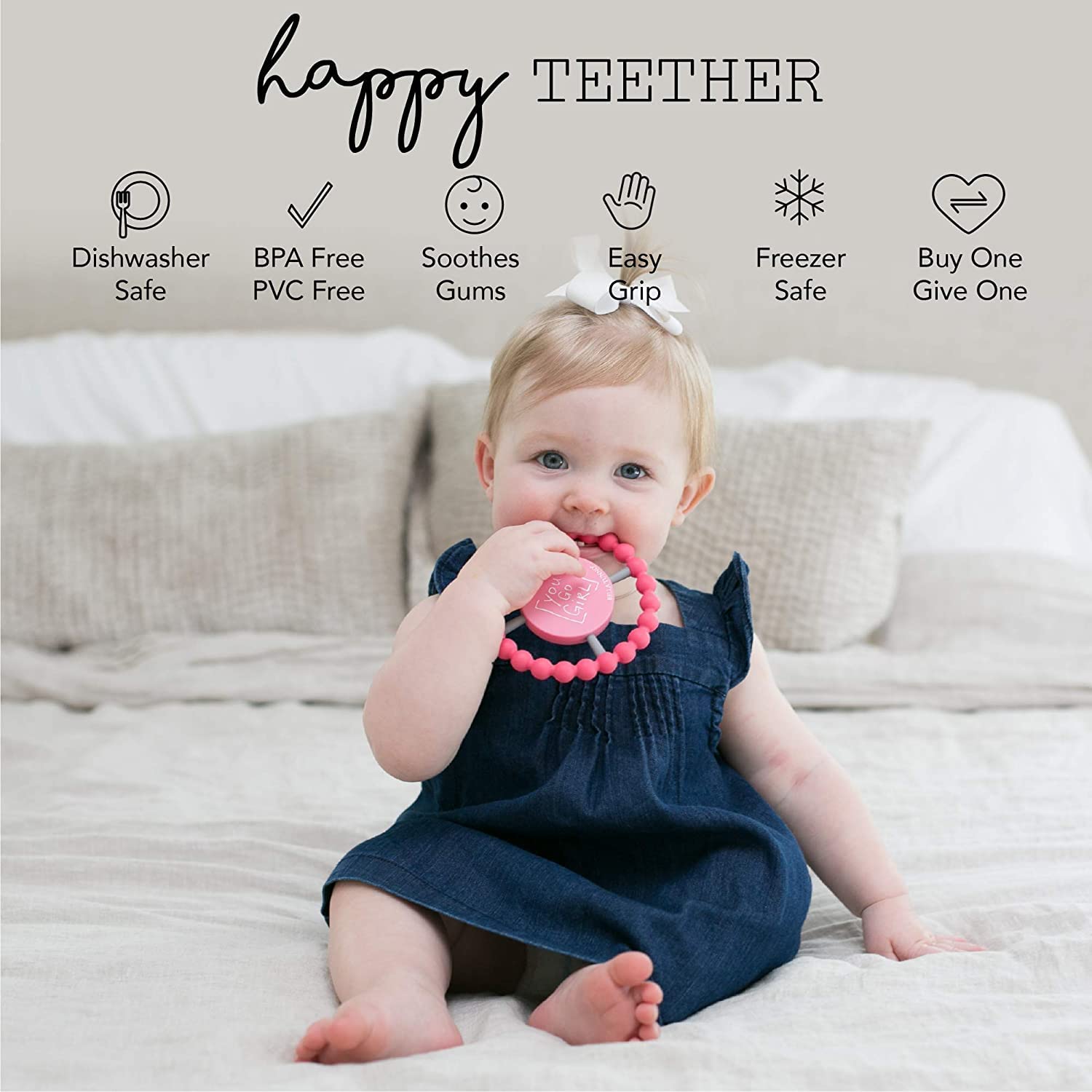 Bella Tunno Happy Teether for Girls– Soft & Easy Grip Baby Girl Teether Toy, Silicone Teether Ring to Help Soothe Gums, Non-Toxic and BPA Free, Little Sis