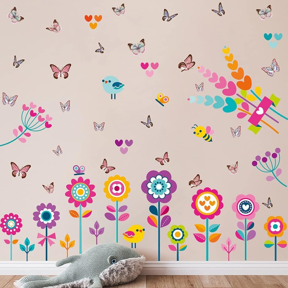 Supzone Garden Flower Wall Stickers Daisy Floral Wall Decals Spring Plants Wall Sticker for Girls' Room Kids Baby Nursery Bedroom Playroom Living Room Wall Art Decor