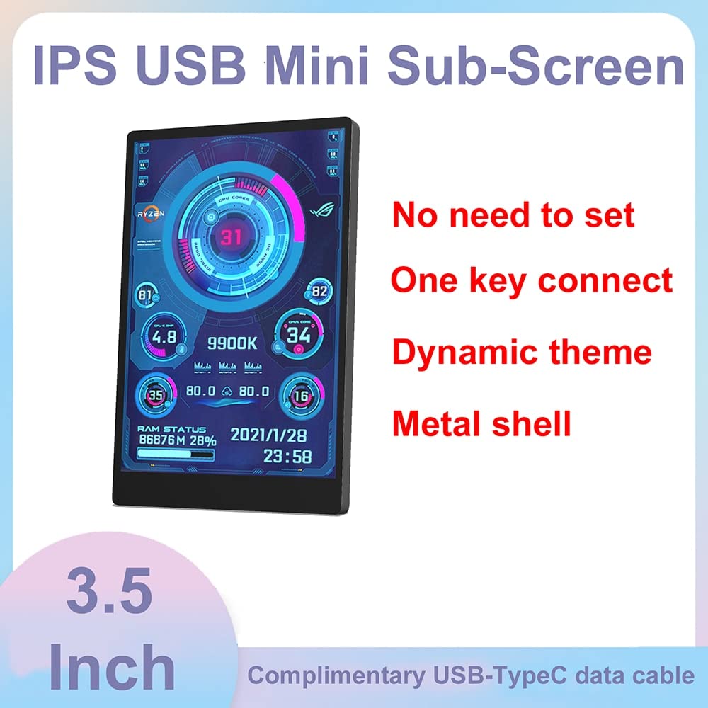 EDIY 3.5 inch IPS USB Mini Screen AIDA64 PC CPU RAM HDD Data Monitor Computer Temperature Display Type-C Sub Screen