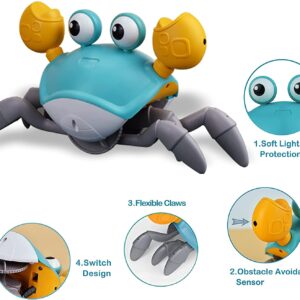 FUNDISINN Crawling Crab Baby Toy with Music and Light, Tummy Time Walking Crab with Sensor Obstacle Avoidance, USB Rechargeable, Fun Moving Toy for Babies, Toddlers and Kids(Green)