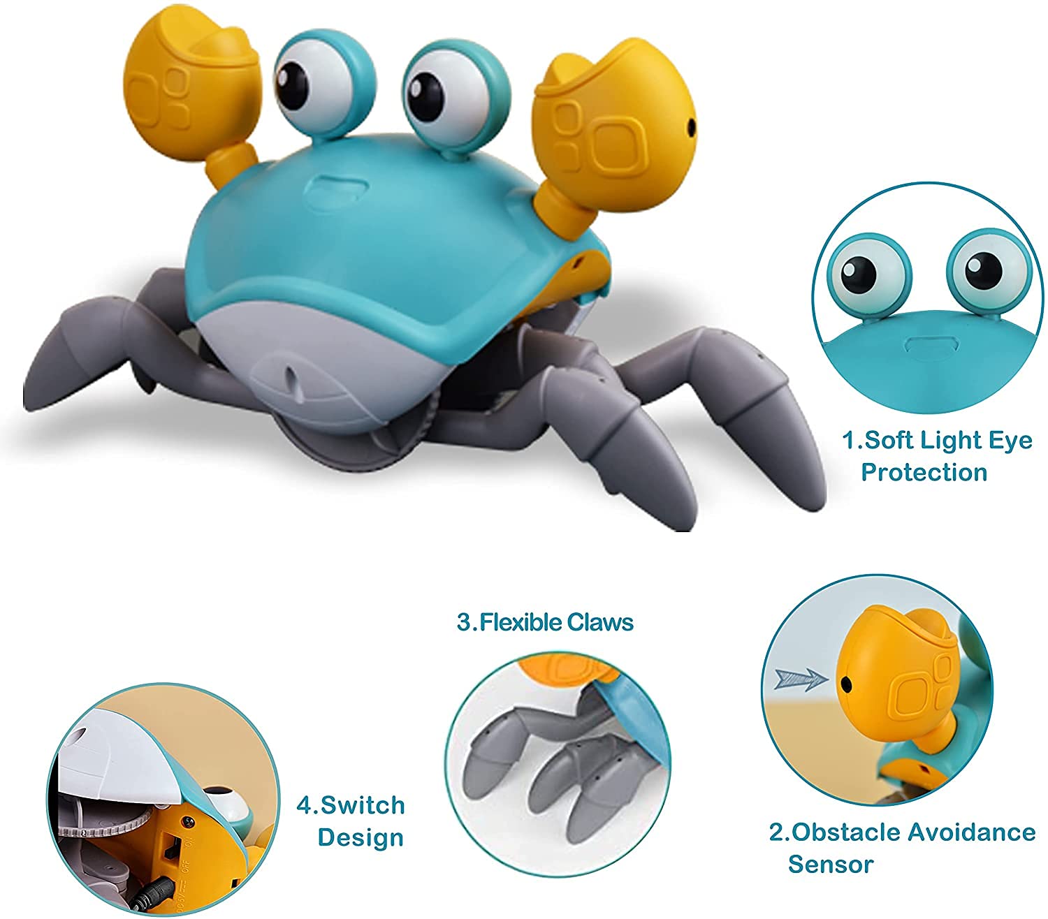 FUNDISINN Crawling Crab Baby Toy with Music and Light, Tummy Time Walking Crab with Sensor Obstacle Avoidance, USB Rechargeable, Fun Moving Toy for Babies, Toddlers and Kids(Green)