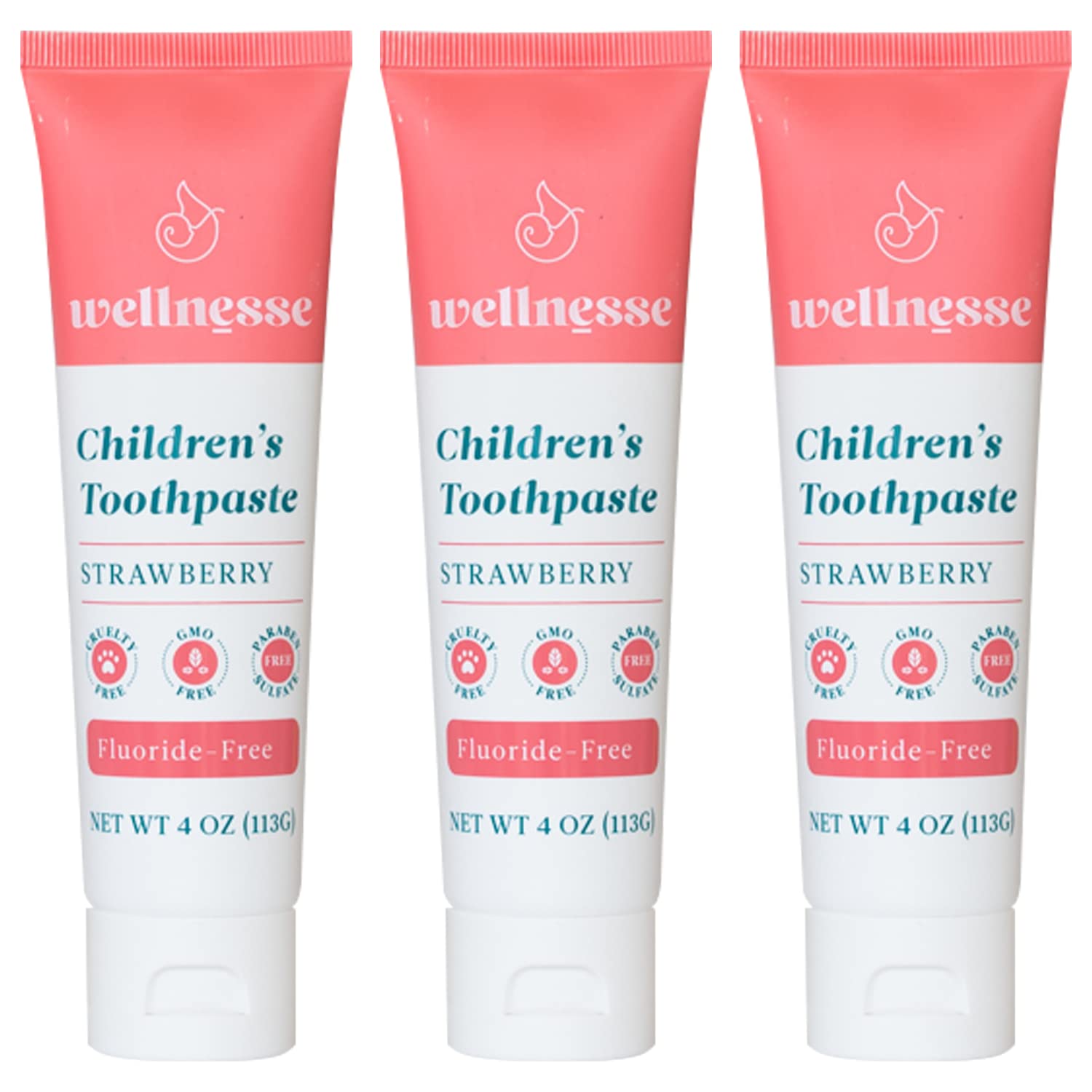 Wellnesse Children’s Toothpaste - Fluoride Free Natural Flavored Toothpaste for Kids and Toddlers - Strawberry - 3 Tubes, 4 oz - Made with Hydroxyapatite, Calcium Carbonate, and Aloe Vera