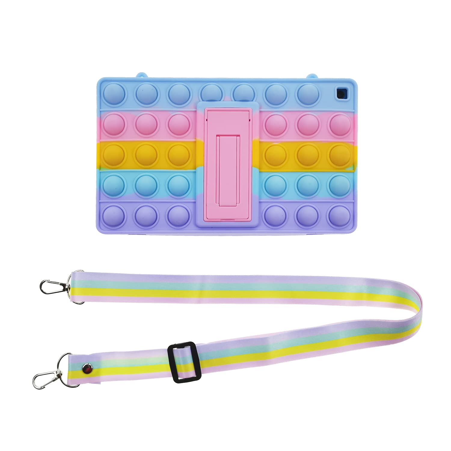 iZi Way Pop It Tablet Case for Amazon Fire HD 10 10.1" Kids (9th & 7th Generation, 2019/2017 Release), Fidget Toy Popit Poppet Push Bubble Wrap Cute Silicone Cover Stand Lanyard - Rainbow