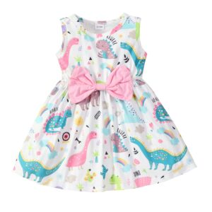 retsugo baby girl dinosaurs dresses casual pink bowknot dress for toddler girls sleeveless party summer dresses outfit dinosaur1-1129-3t