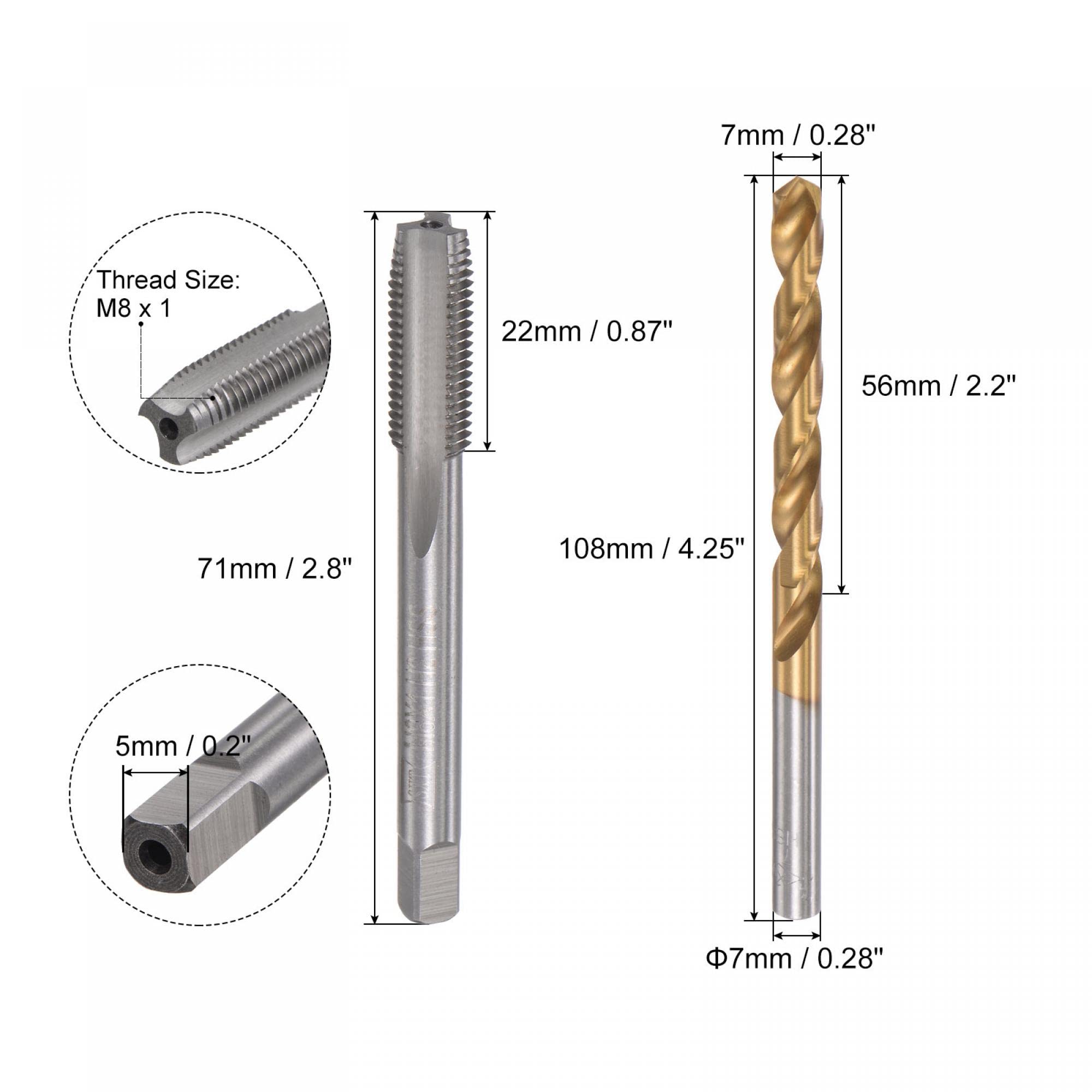 uxcell M8 x 1 Straight Flute Thread Tap and 7.0mm Twist Drill Bit Set, Metric Titanium Plated 6542 High Speed Steel Machine Screw Thread Tap Threading Drilling Tool