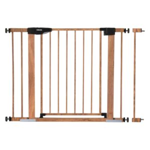 babelio metal baby gate with wood pattern, 29-43" easy install pressure mounted dog gate, no drilling, no tools required, ideal for stairs and doorways, with wall protectors and extenders