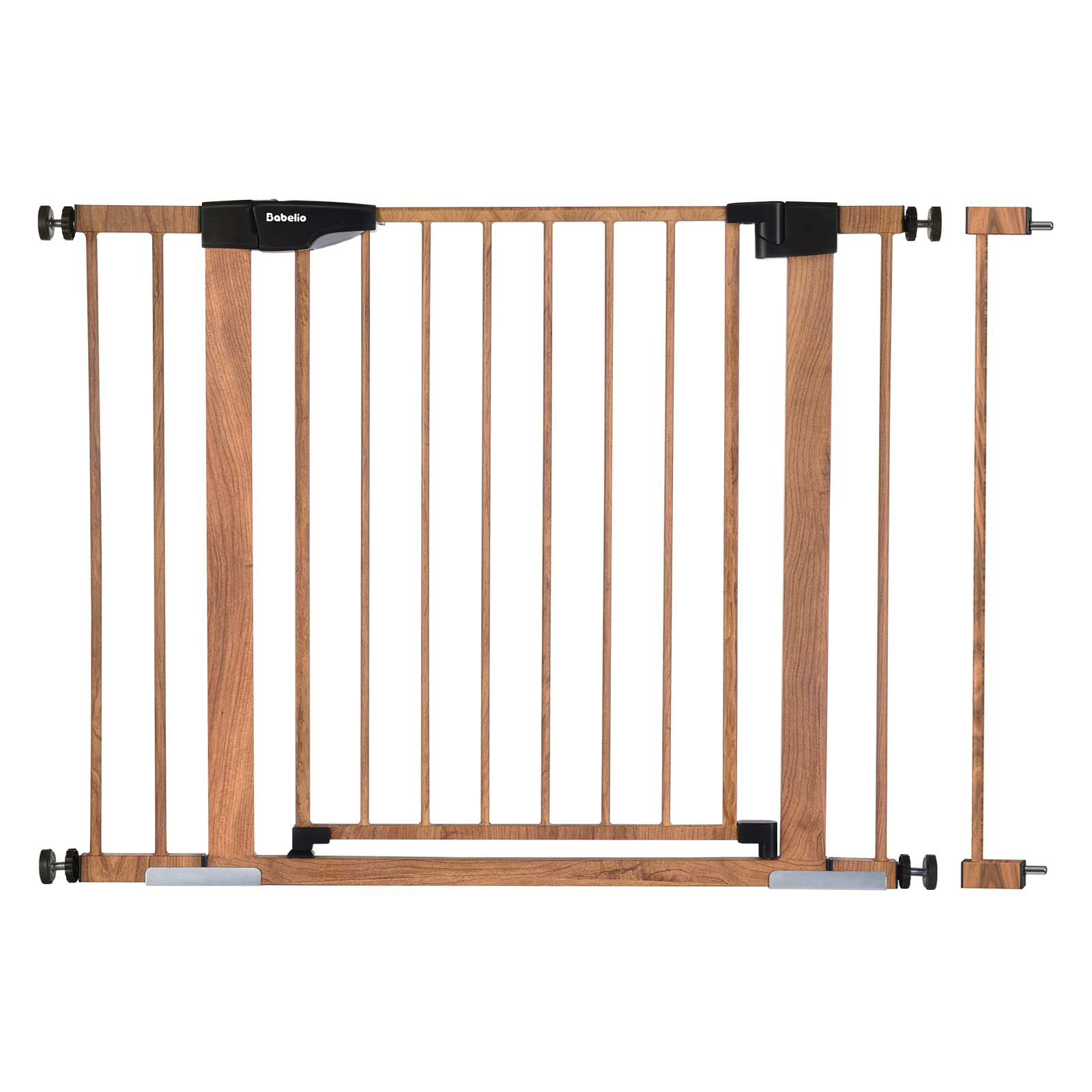 Babelio Metal Baby Gate with Wood Pattern, 29-43" Easy Install Pressure Mounted Dog Gate, No Drilling, No Tools Required, Ideal for Stairs and Doorways, with Wall Protectors and Extenders