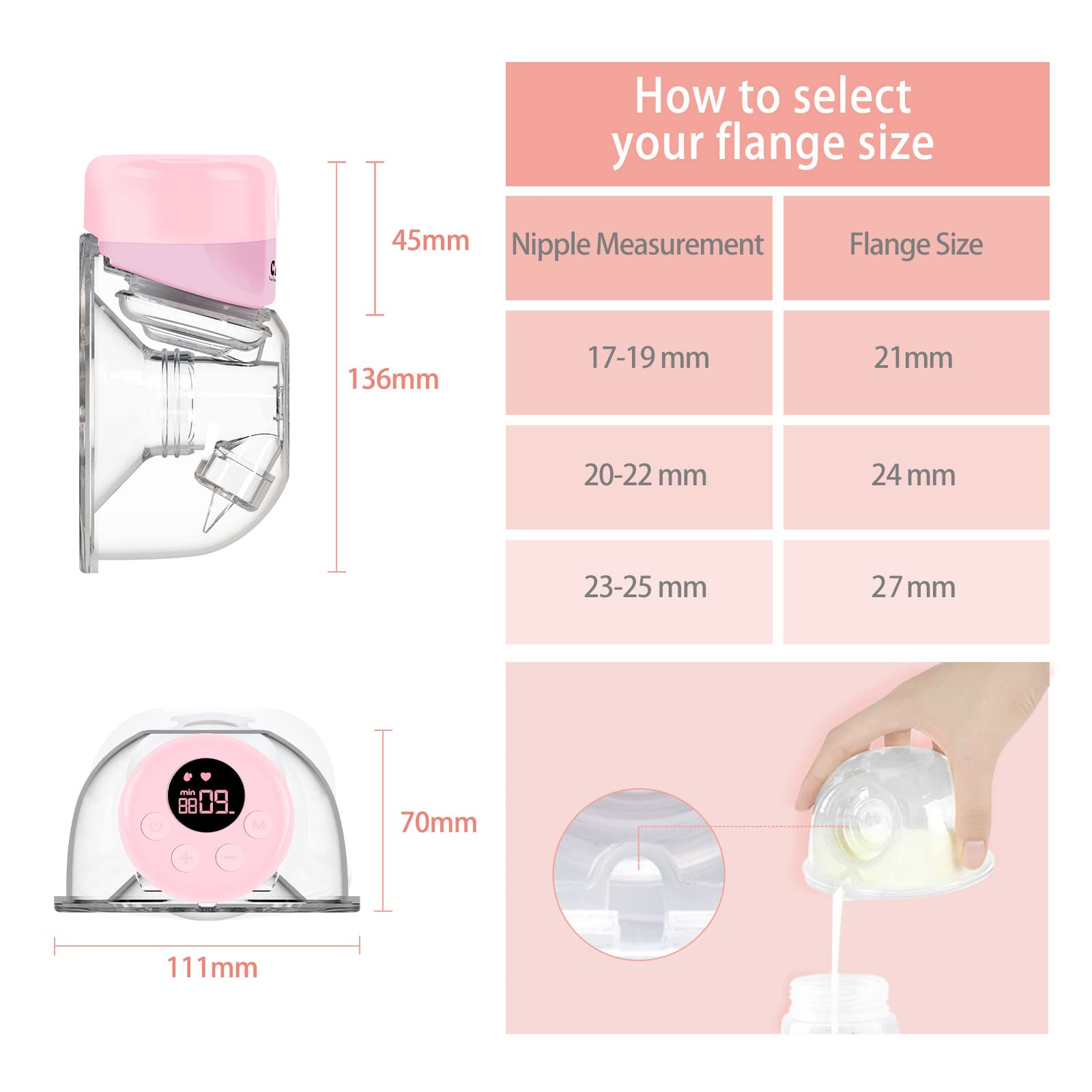 Wearable Breast Pump 2pcs Ultra-Quiet Electric Hands Free Breast Pump Spill-Proof Pain Free Rechargeable Portable Breast Pump with LCD Screen Massage and Memory Mode Wireless Breastpump（27/24/21MM）