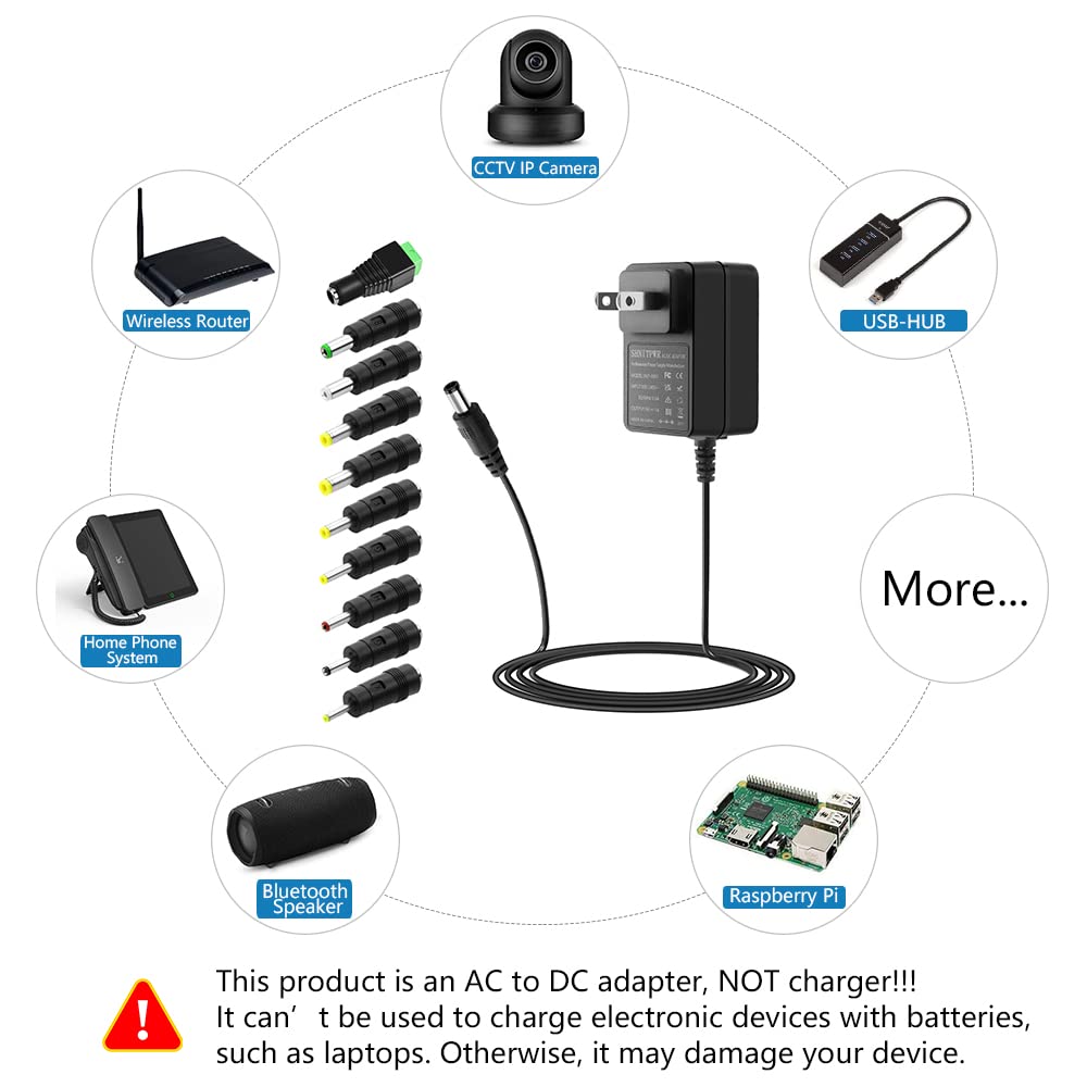 SHNITPWR 9V DC Power Supply 9 Volt 1A 9W Power Cord AC Adapter 100~240V AC to DC 9Volt 1000mA 800mA 500mA 300mA Power Converter with 10 Tips 5.5x2.5mm 5.5x2.1mm 3.5x1.35mm 4.8x1.7mm, Center Positive