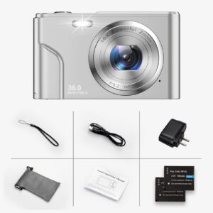 Digital Camera for Kids Girls and Boys - 1080P FHD Digital Camera 36MP LCD Screen Rechargeable Students Compact Camera Kid Camera with 16X Digital Zoom Vlogging Camera for Teens, Kids (Silver)