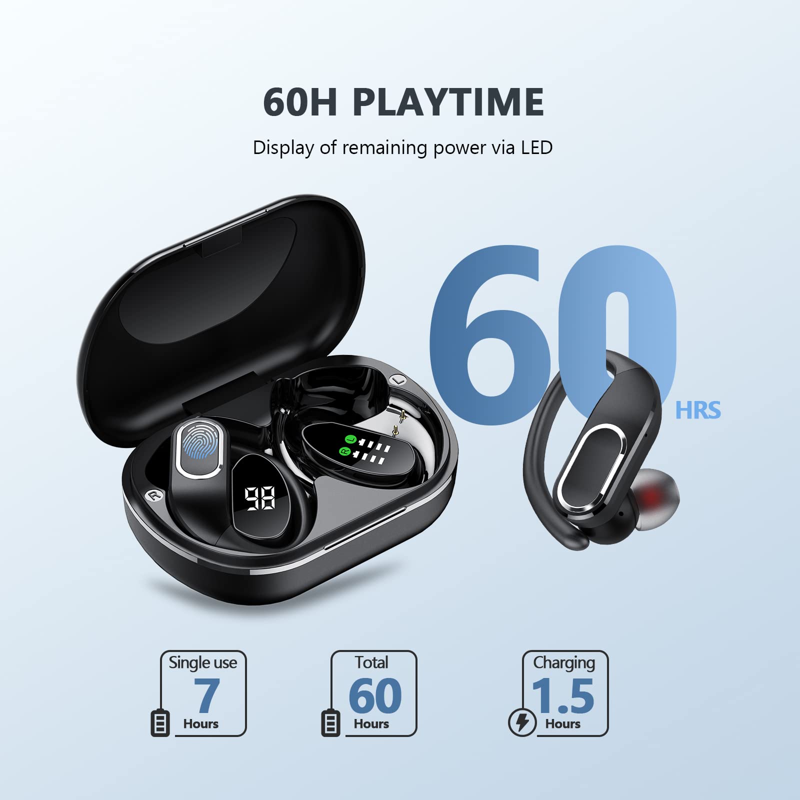 POMUIC Wireless Earbuds, Bluetooth 5.1 Headphones with 4 HD Microphone, 60Hrs Playback Sport Earphones with LED Display, IP7 Waterproof, in Ear Bluetooth Earbuds with Earhooks, Headset for Sport Work