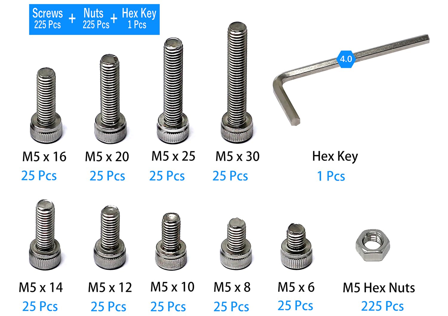 iexcell 450 Pcs M5 x 6/8/10/12/14/16/20/25/30 Stainless Steel 304 Hex Socket Head Cap Screws Bolts Hex Nuts Assortment Kit