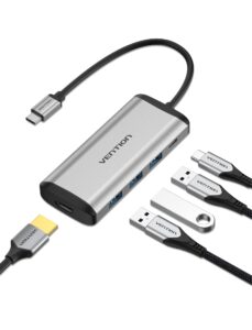 usb c hub 4k 30hz, vention usb c multiport adapter 5-in-1 with 4k hdmi, 100w power delivery, 3 usb 3.0 data port for macbook pro/air m1 2020, ipad pro 2021, ipad mini 6, surface pro and more