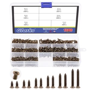 glarks 1300pcs 5mm 6mm 7mm 8mm 10mm small tiny nails wood screws set bronze self drilling flat cross head screws assortment kit for home furniture decor (bronze)