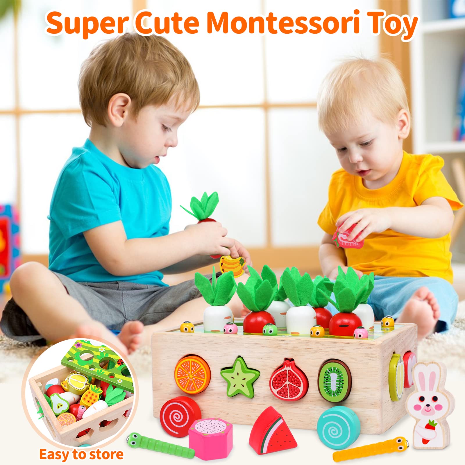 Montessori Toys for 1 2 3 Year Old Boy Girl Carrot Harvest Game Wooden Toy Preschool Educational Learning Toy Shape Sorter Toys Xmas Gifts for 1 2 3 year old Boy Girl Fine Motor Skill Game Toddler Toy