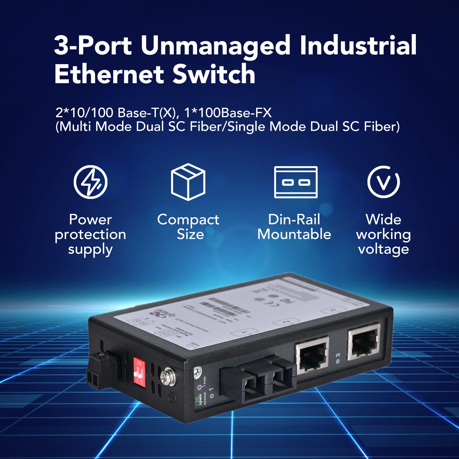 InHand Networks 5-Port Unmanaged Industrial Gigabit Ethernet Switch, 5 * 10/100/1000 Base-T(X) Adaptive RJ45 Ports, 16Gbps Switching Capacity, IP30, DIN Rail, UL Certification