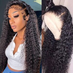 13x4 lace front wigs human hair pre plucked 180% density brazilian wet and wavy human hair wigs for black women glueless curly lace frontal wigs human hair natural color (22 inch)