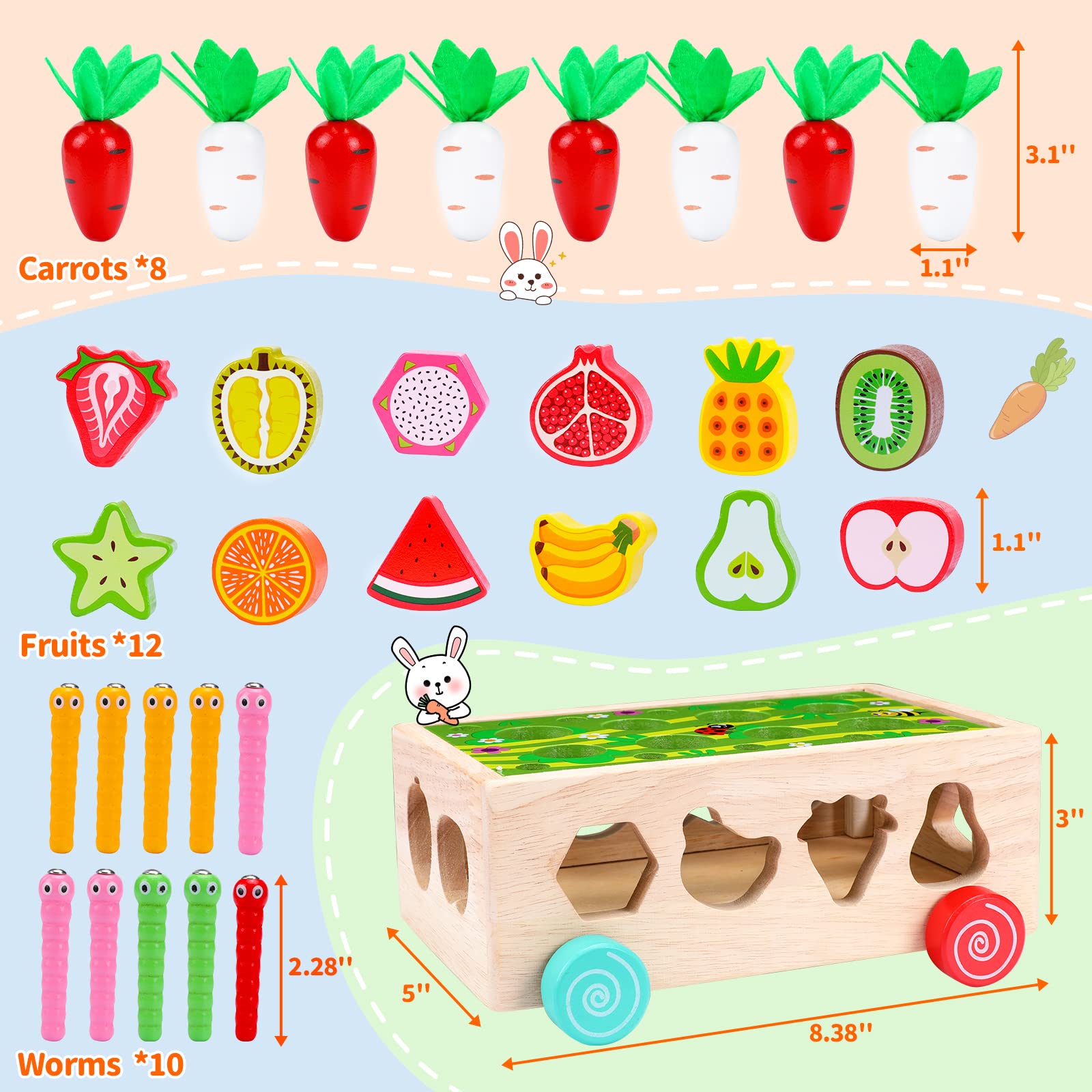 Montessori Toys for 1 2 3 Year Old Boy Girl Carrot Harvest Game Wooden Toy Preschool Educational Learning Toy Shape Sorter Toys Xmas Gifts for 1 2 3 year old Boy Girl Fine Motor Skill Game Toddler Toy