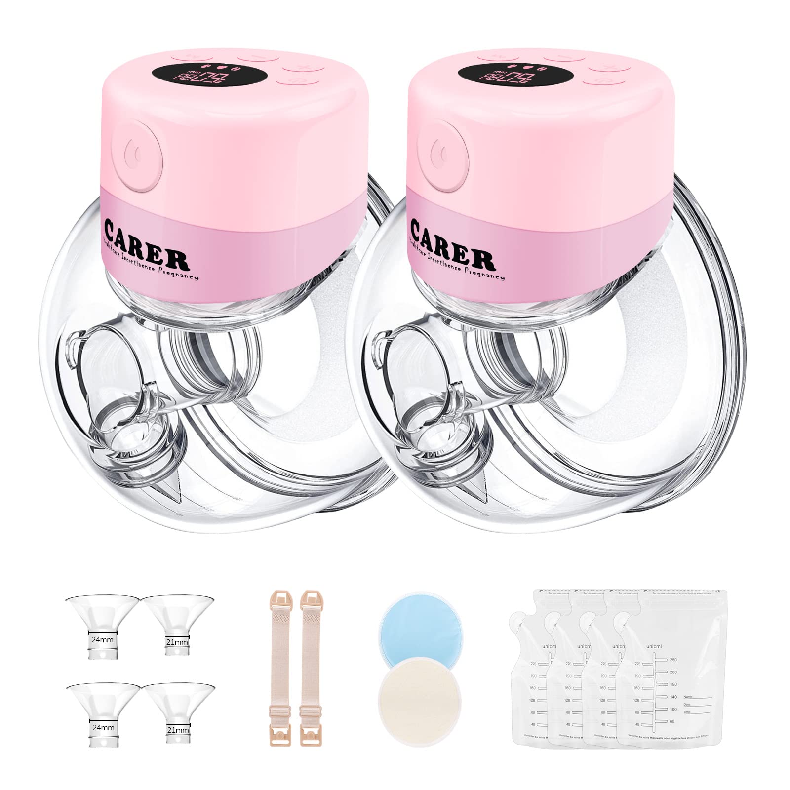 Wearable Breast Pump 2pcs Ultra-Quiet Electric Hands Free Breast Pump Spill-Proof Pain Free Rechargeable Portable Breast Pump with LCD Screen Massage and Memory Mode Wireless Breastpump（27/24/21MM）