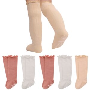 aaronano non-slip knee high socks baby girls grippy sock frilly ruffle 5 pairs(2 white + 2 pink + 1 nude,0-6 months)