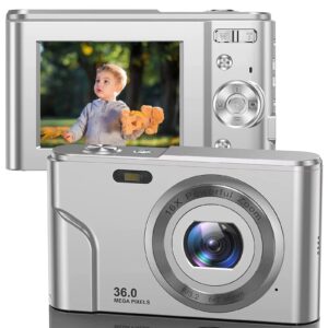 digital camera for kids girls and boys - 1080p fhd digital camera 36mp lcd screen rechargeable students compact camera kid camera with 16x digital zoom vlogging camera for teens, kids (silver)