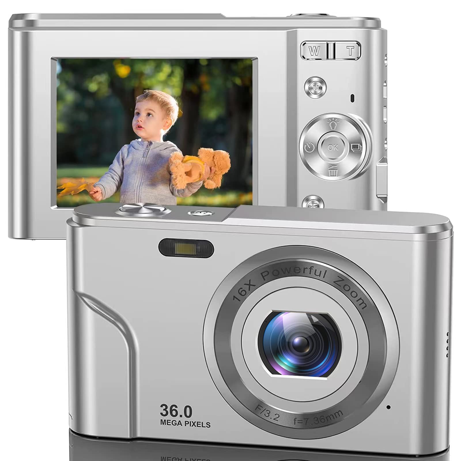 Digital Camera for Kids Girls and Boys - 1080P FHD Digital Camera 36MP LCD Screen Rechargeable Students Compact Camera Kid Camera with 16X Digital Zoom Vlogging Camera for Teens, Kids (Silver)