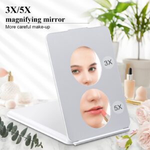 MIYADIVA Illuminated Makeup Mirror, 10 x 7.5 Inches, Foldable Design, 72 LED Light Beads, Adjustable Intensity, Rechargeable Battery, 3x and 5x Magnification, Tabletop Mount