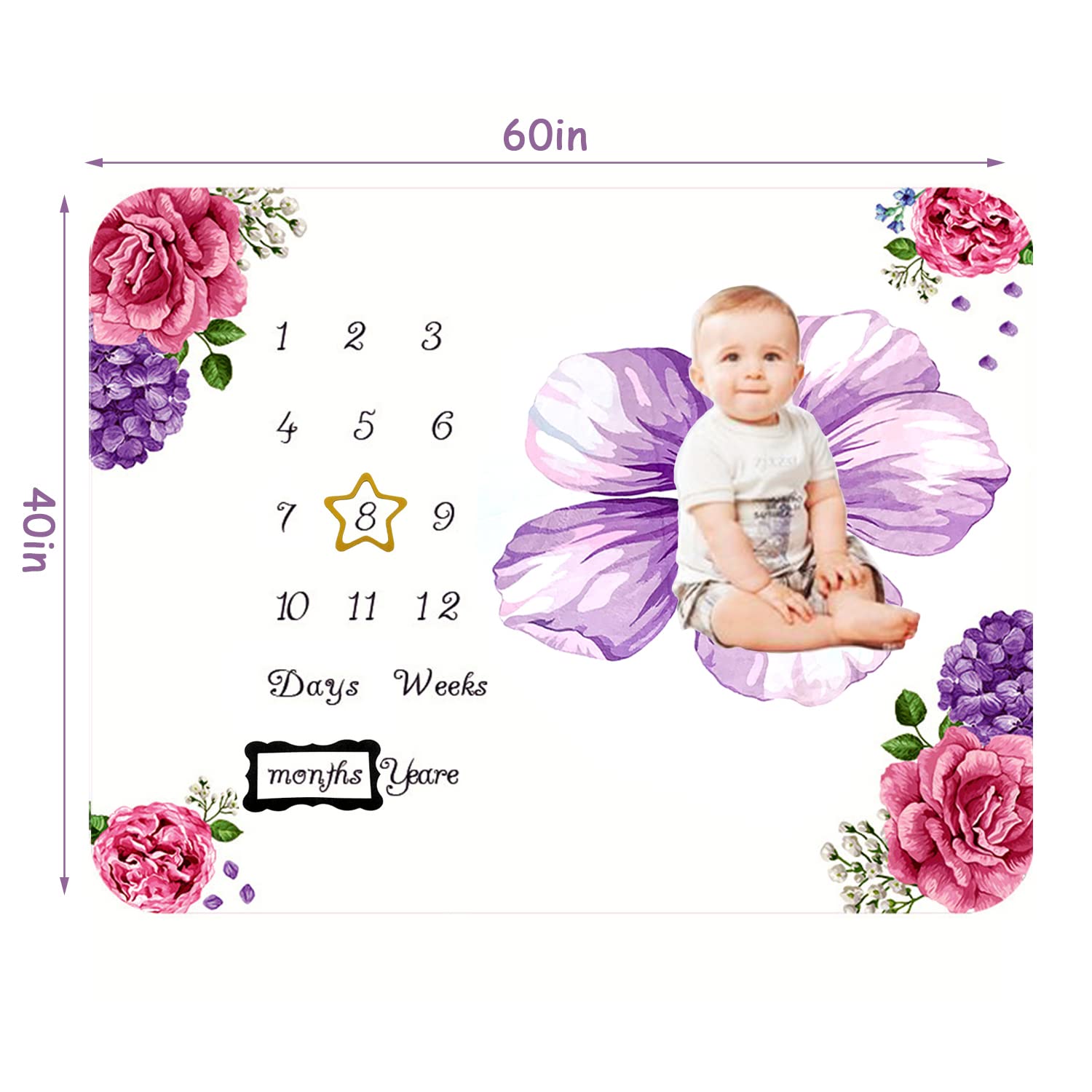 Funvalley Surperfect Baby Monthly Milestone Blanket 60" X 40" Photo Blanket for Newborn and Baby Includes Headband and Frame Photography Backdrop