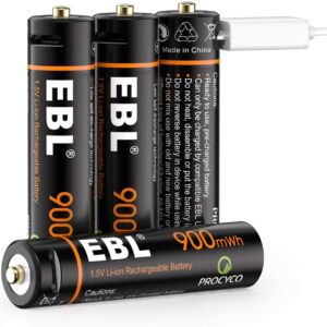 EBL Rechargeable AAA Lithium Batteries 1.5V AAA Battery 900mWh USB Rechargeable Batteries - 4 Pack