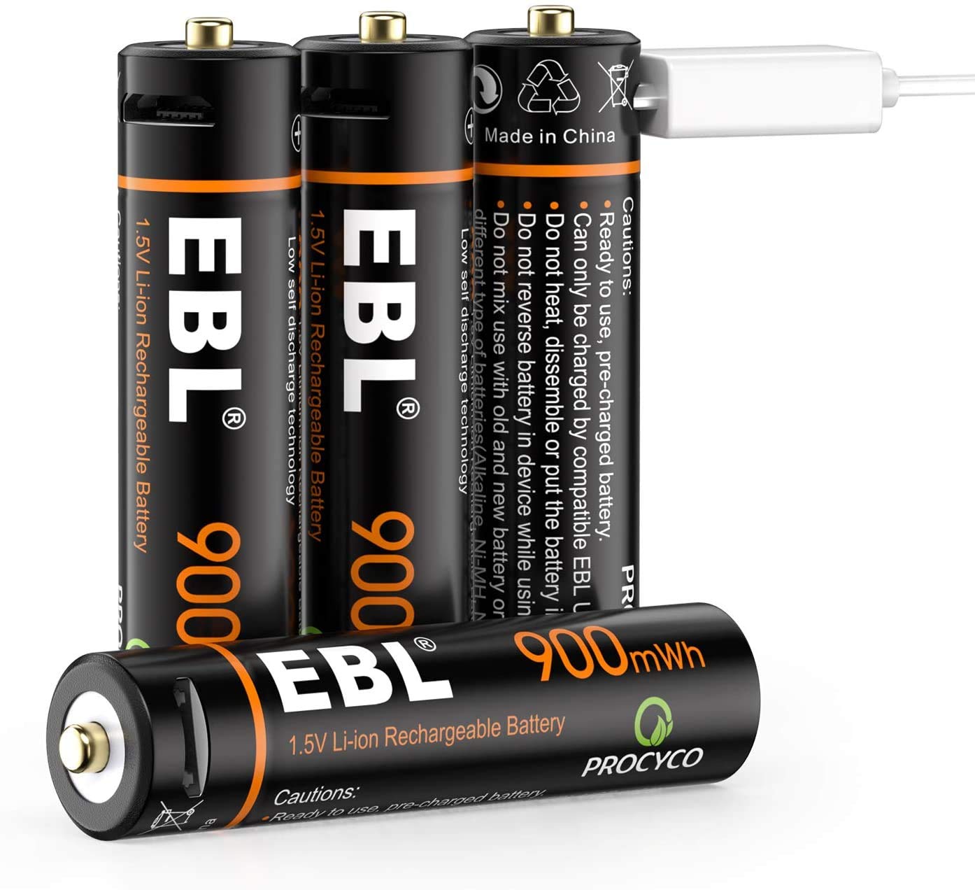 EBL Rechargeable AAA Lithium Batteries 1.5V AAA Battery 900mWh USB Rechargeable Batteries - 4 Pack