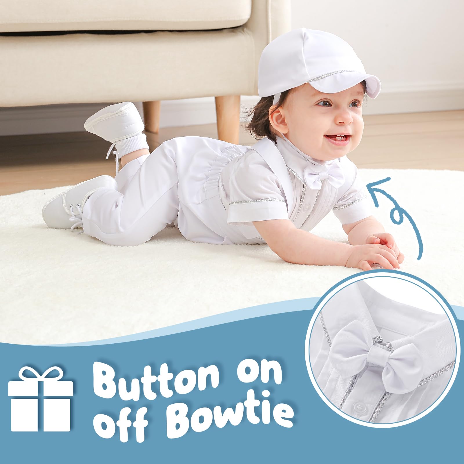 Booulfi Baptism Christening Outfits for Boys Easter Outfit Baby Boys Clothes Church Blessing Suits Summer Gentleman Birthday Wedding Outfit with Dress Shirt Bowtie Suspender Pants Hat 12-18 Months