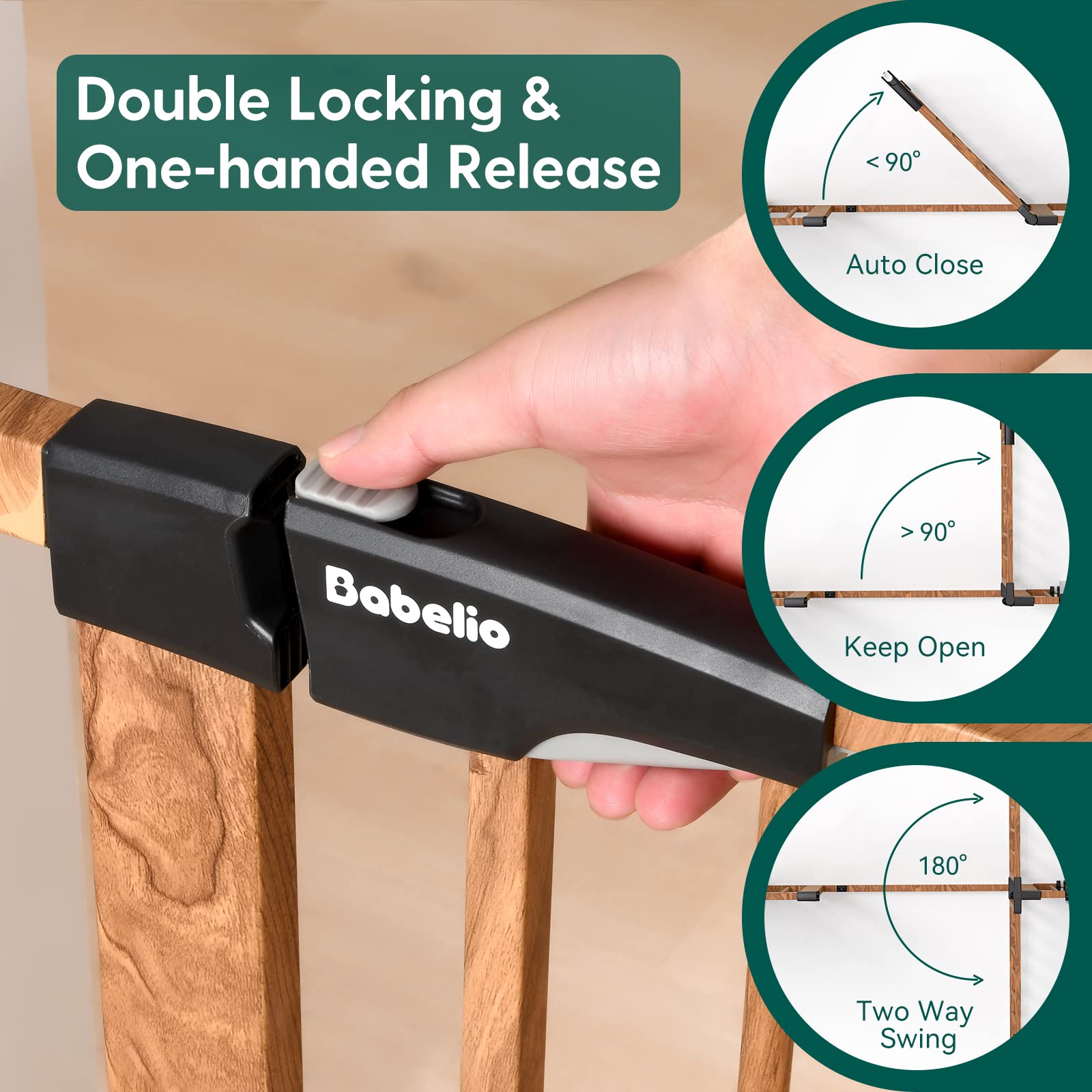 BABELIO 29-46 Inch Pressure Mounted Metal Baby Gate with Wood Pattern, Easy Install, No Drilling, No Tools Required, with Wall Protectors and Extenders