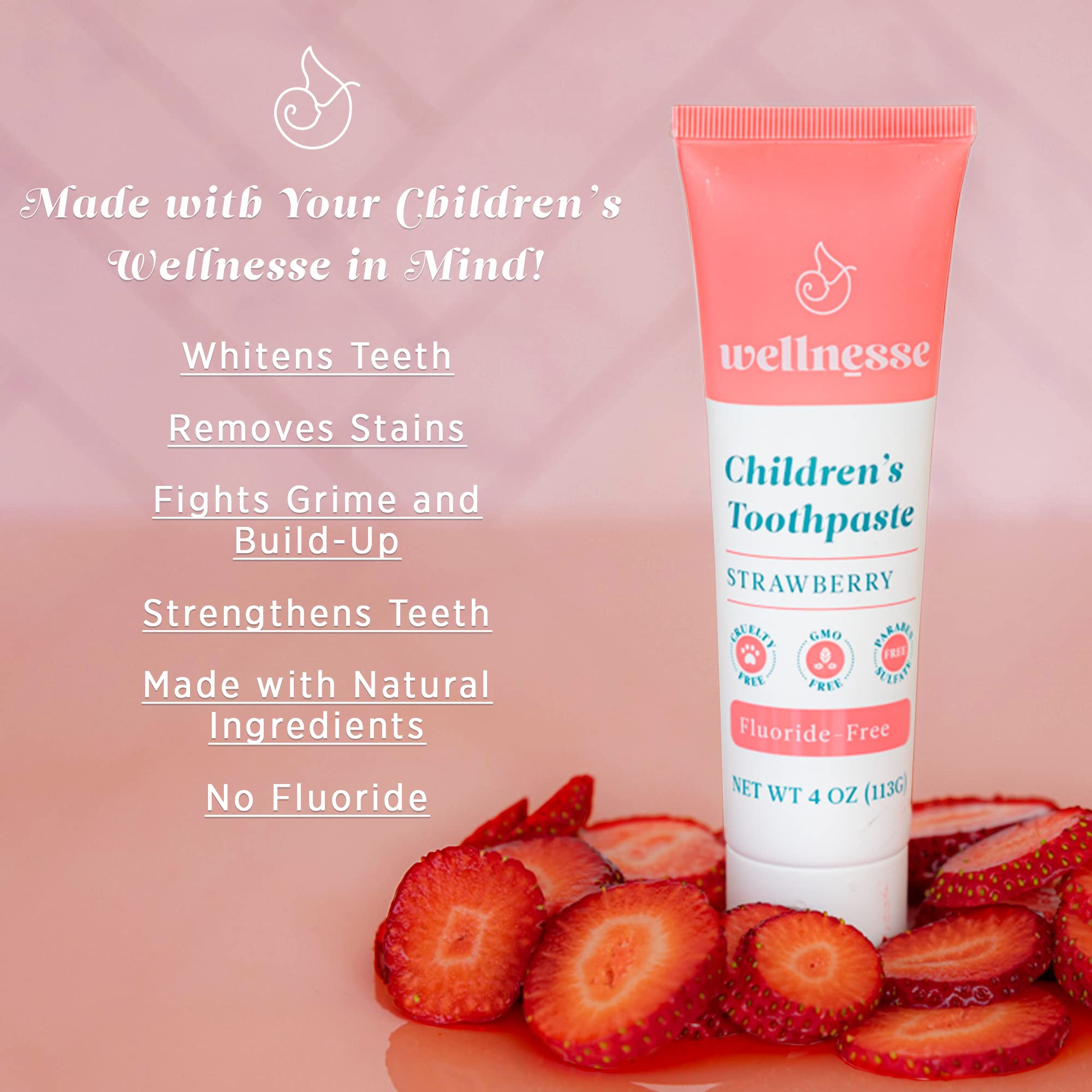 Wellnesse Children’s Toothpaste - Fluoride Free Natural Flavored Toothpaste for Kids and Toddlers - Strawberry - 3 Tubes, 4 oz - Made with Hydroxyapatite, Calcium Carbonate, and Aloe Vera