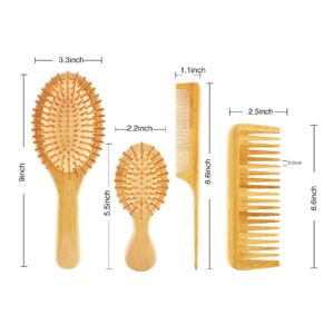 MoyRetty Bamboo Hair Brush Comb Set - Natural Wooden Hairbrush Paddle Detangling for Thick Thin Curly Straight Wavy Dry Fine Hair, Men Women and Kids, Static-Free(4 Pcs) Yellow