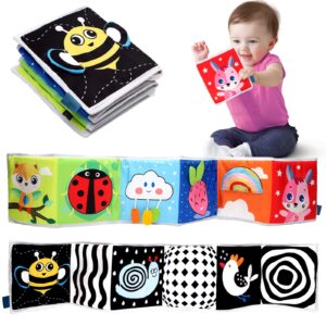 gfpgyq black and white high contrast baby soft books, newborn tummy time crib toys for 0 3 6 to 12 months, stimulation brain development color crinkle cloth book