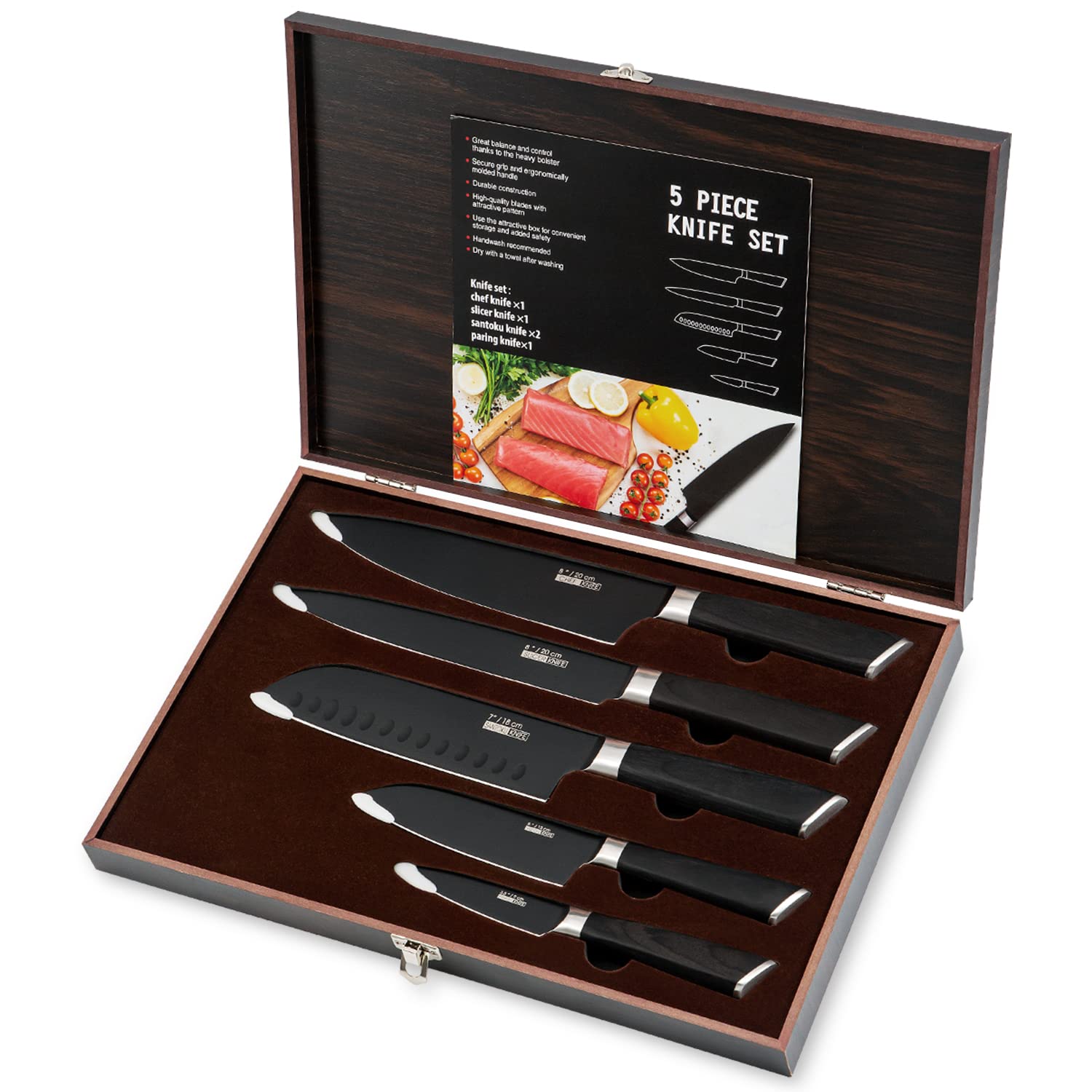 Vvwgkpk Knife Set, 5 Pcs Professional Kitchen Knife Sets Ultra Sharp, Premium High Carbon German Stainless Steel Chef Knife Set with Gift Box, Ergonomic Handle, Non-stick Coating, Rust-proof (Black)