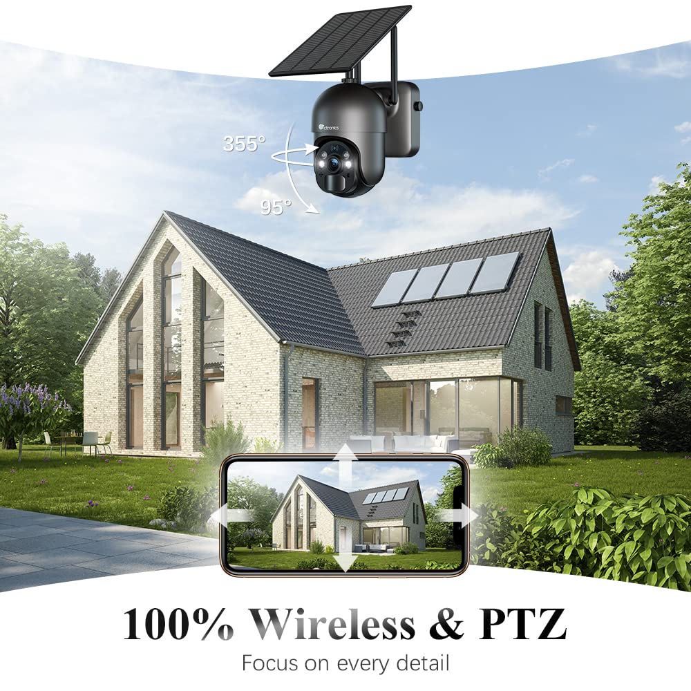 Ctronics 2.5K 4MP Security Camera Wireless Outdoor, WiFi Solar Security Camera Battery Powered, 360° PTZ, Color Night Vision 2560 * 1440P, PIR Human Detection, 2-Way Audio, IP66