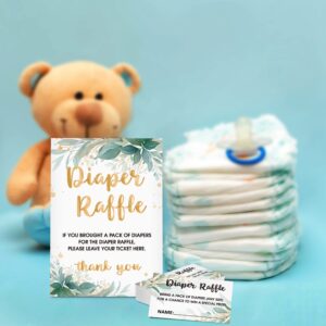 Diaper Raffle Baby Shower Game Set(1 Standing Sign + 50 Guessing Cards), Greenery Diaper Raffle Tickets for Baby Shower, Gold Foil Baby Shower Party Favor Decor - A05