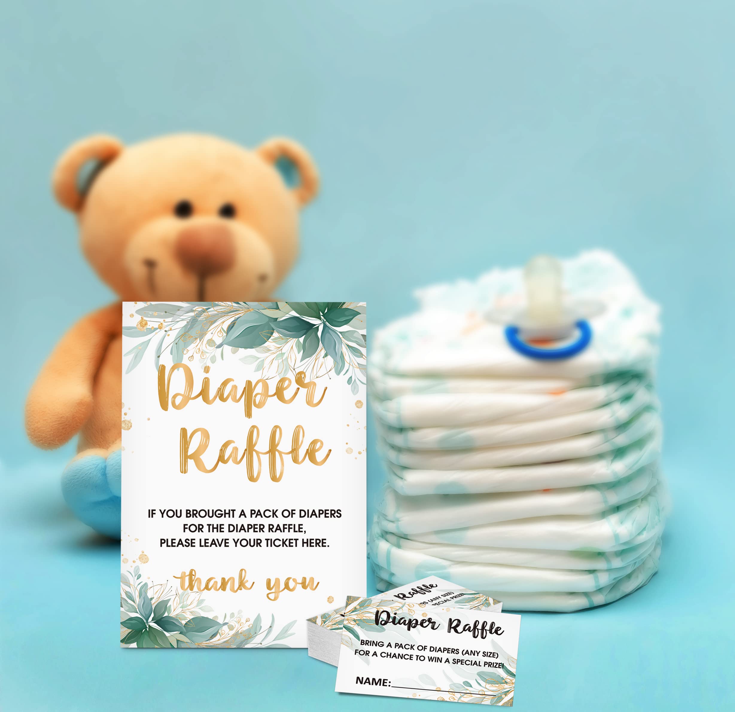 Diaper Raffle Baby Shower Game Set(1 Standing Sign + 50 Guessing Cards), Greenery Diaper Raffle Tickets for Baby Shower, Gold Foil Baby Shower Party Favor Decor - A05