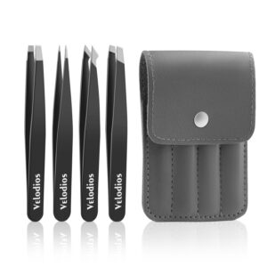 tweezers set for women and men, professional precision tweezers for eyebrows, pointed and slant tweezers for facial hair, splinter and ingrown hair removal, stainless steel tweezer kit by velodios