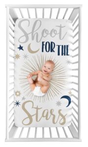 sweet jojo designs star and moon boy or girl fitted crib sheet baby or toddler bed nursery photo op - navy blue, gold, and grey celestial sky gender neutral unisex shoot for the stars