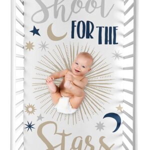 Sweet Jojo Designs Star and Moon Boy or Girl Fitted Crib Sheet Baby or Toddler Bed Nursery Photo Op - Navy Blue, Gold, and Grey Celestial Sky Gender Neutral Unisex Shoot for The Stars