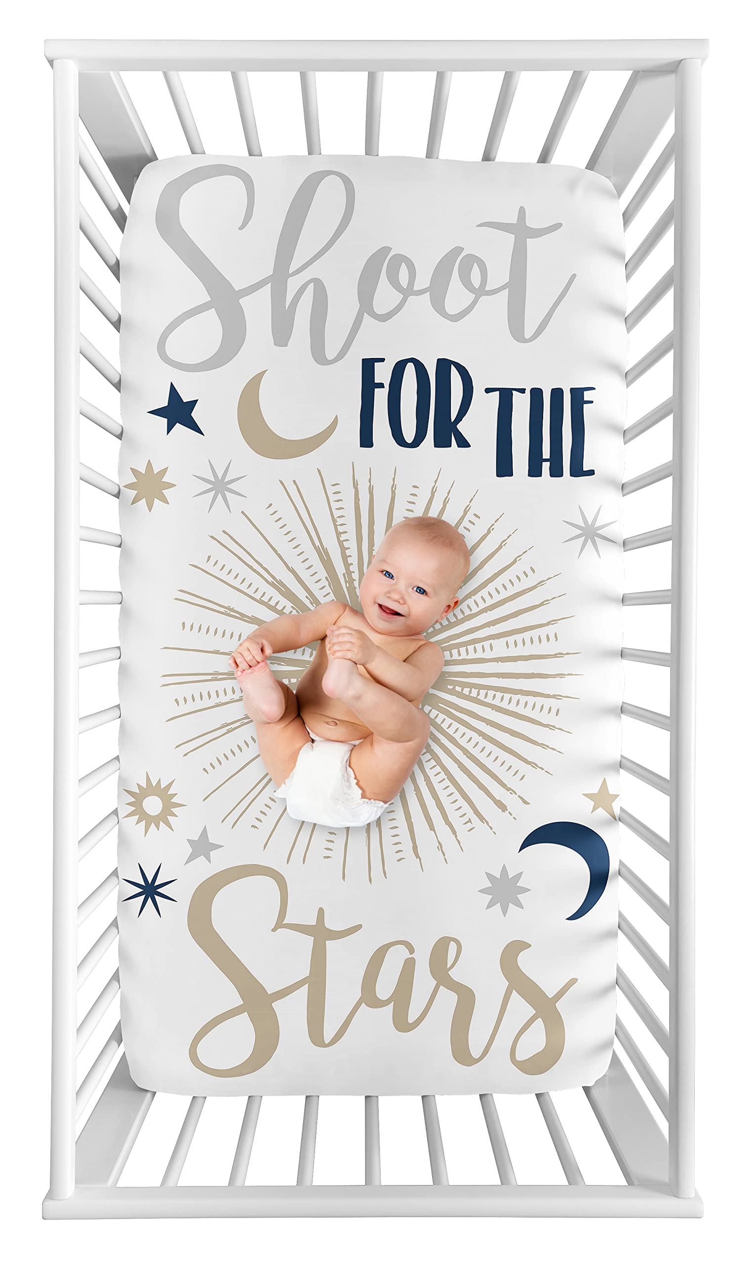 Sweet Jojo Designs Star and Moon Boy or Girl Fitted Crib Sheet Baby or Toddler Bed Nursery Photo Op - Navy Blue, Gold, and Grey Celestial Sky Gender Neutral Unisex Shoot for The Stars