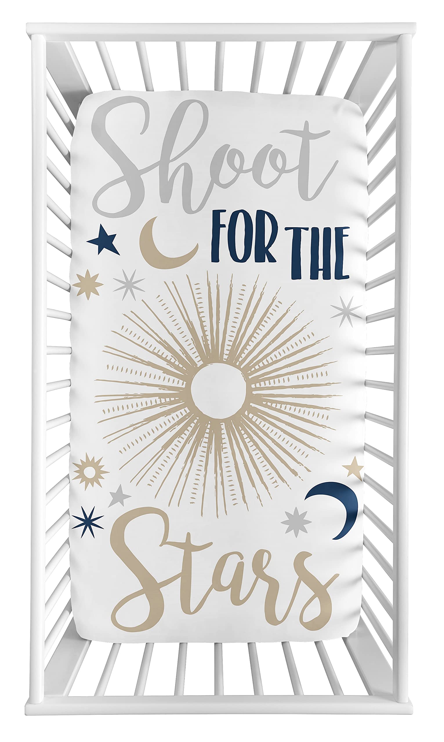 Sweet Jojo Designs Star and Moon Boy or Girl Fitted Crib Sheet Baby or Toddler Bed Nursery Photo Op - Navy Blue, Gold, and Grey Celestial Sky Gender Neutral Unisex Shoot for The Stars